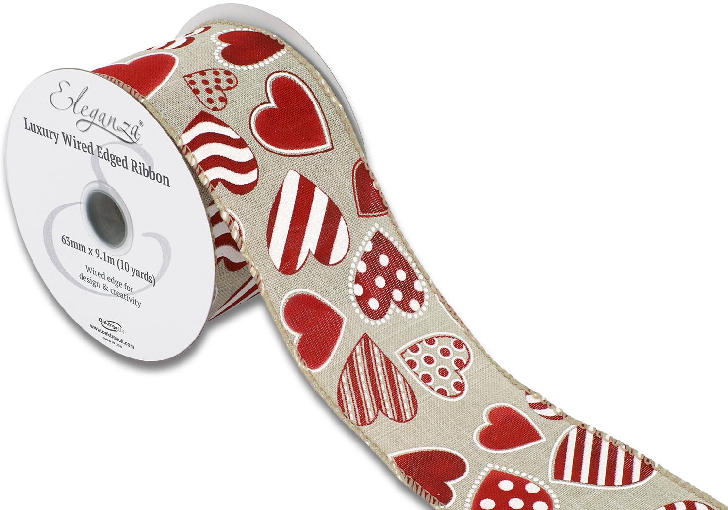 Eleganza Wired Edge Patterned Hearts Natural 63mm x 9.1m Design