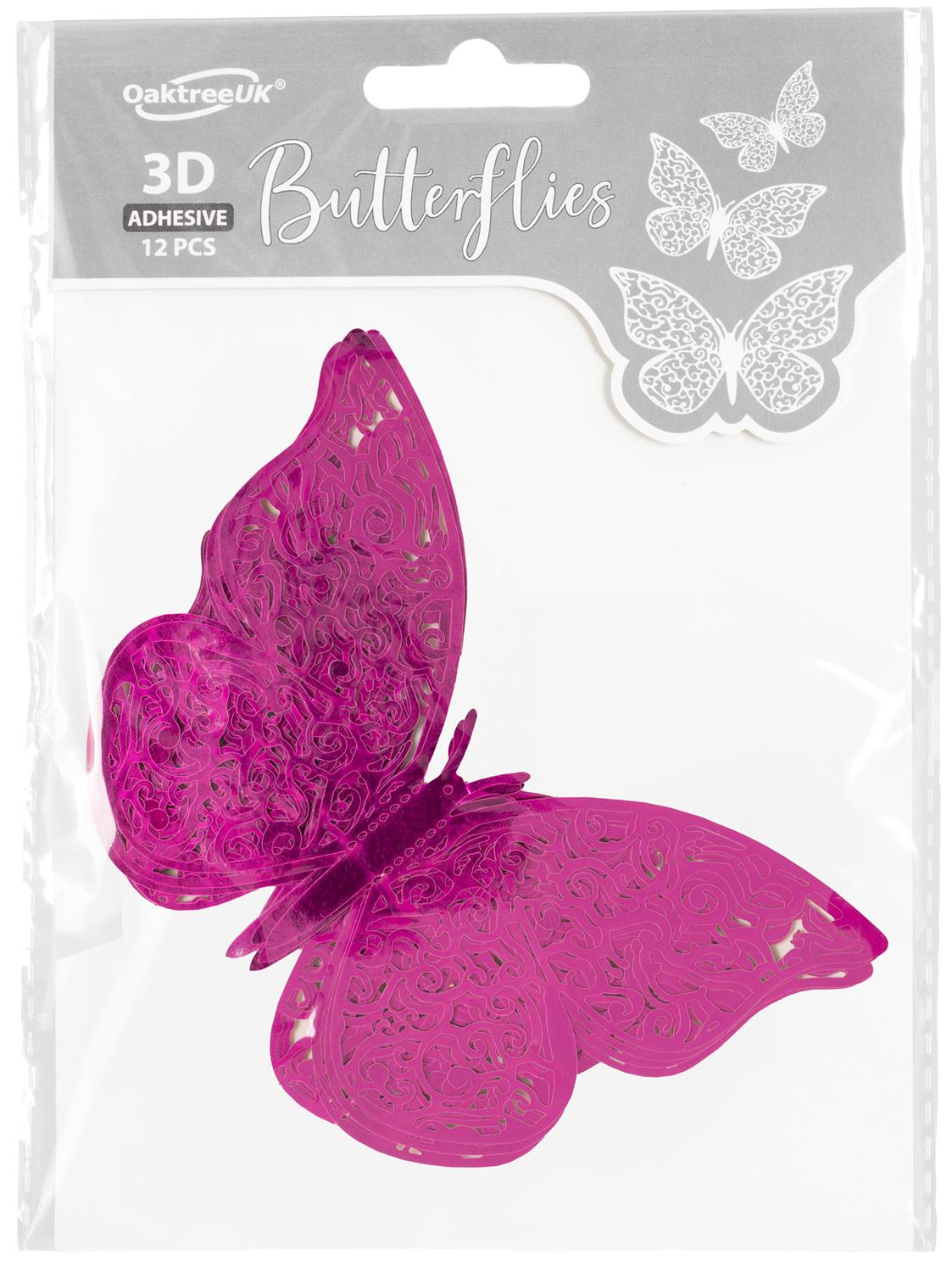 3D Adhesive Butterflies x 12 Fuchsia Pink - 3D Adhesive Butterflies