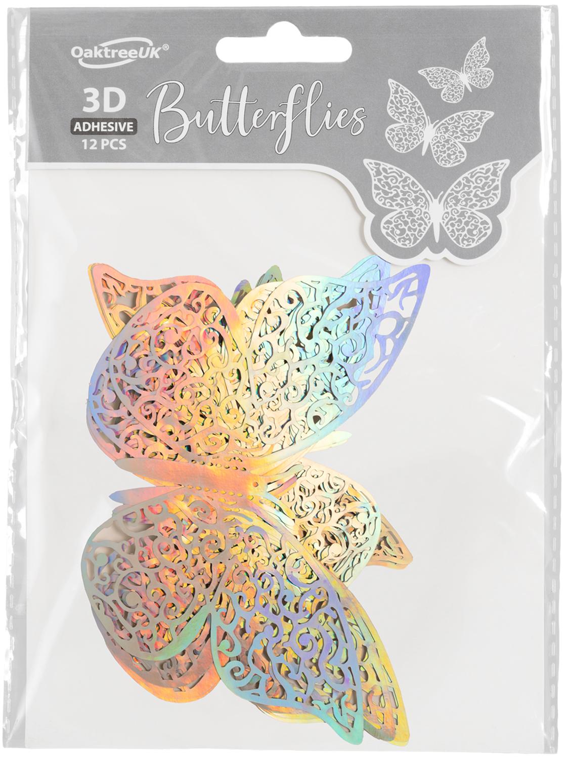 3D Adhesive Butterflies x 12 Silver Iridescent - 3D Adhesive