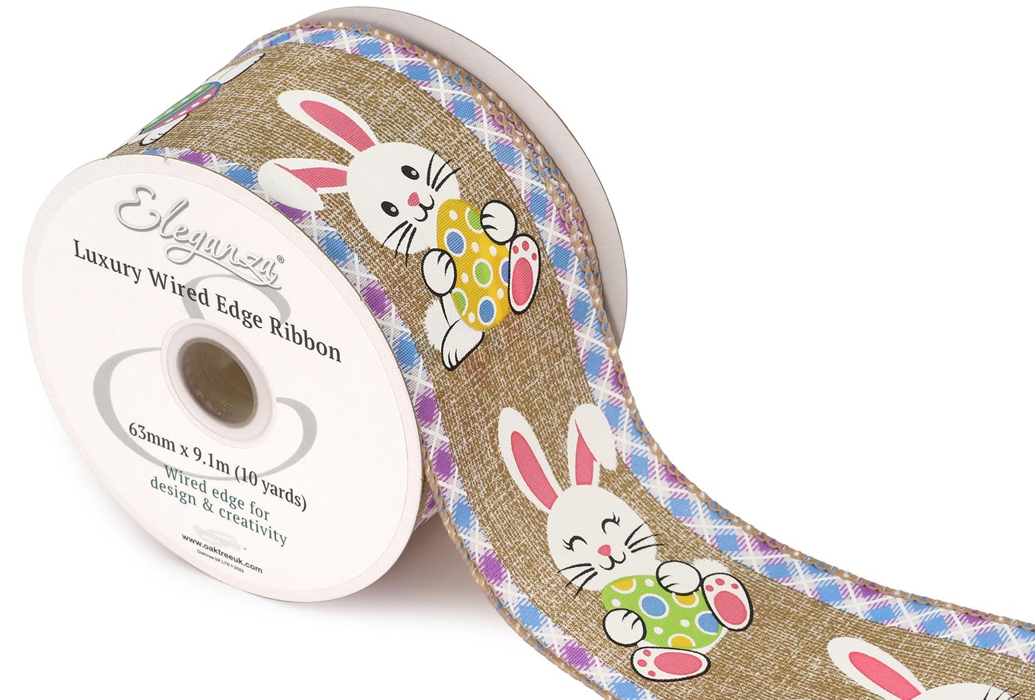 Eleganza Wired Edge Ribbon Easter Bunny Natural 63mm x 9.1m