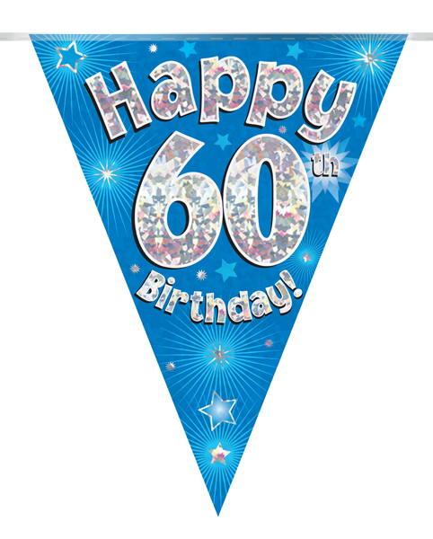 Party Bunting Happy 60th Birthday Blue Holographic 11 flags 3.9m
