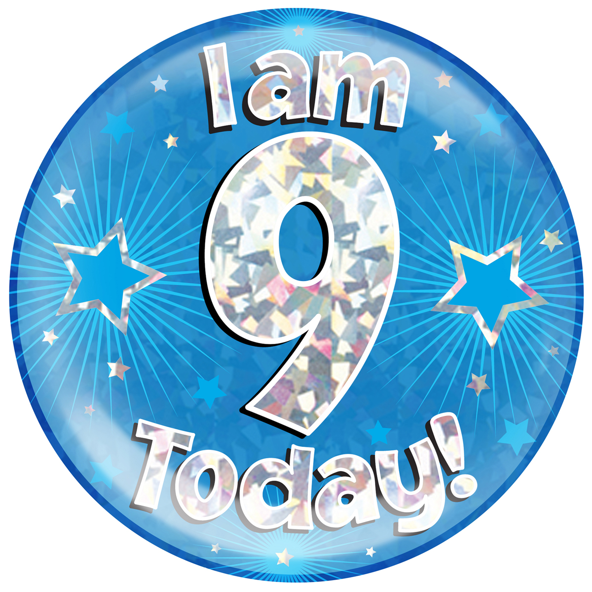 Oaktree Holographic Jumbo Badge - I am 9 Today Blue - Blue badges