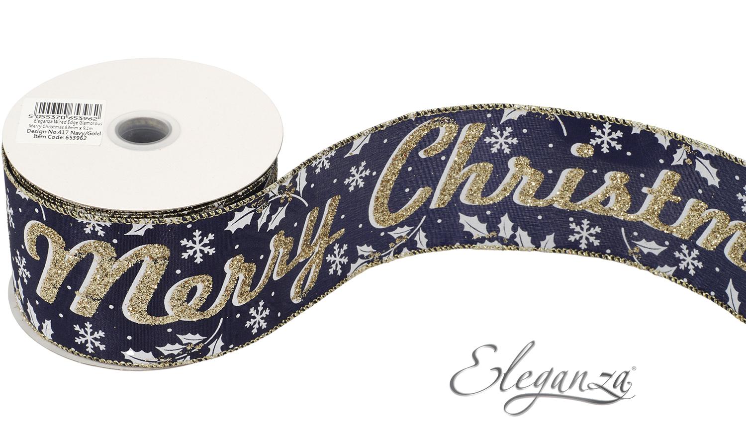 Eleganza Wired Edge Glamorous Merry Christmas 63mm x 9.1m Design