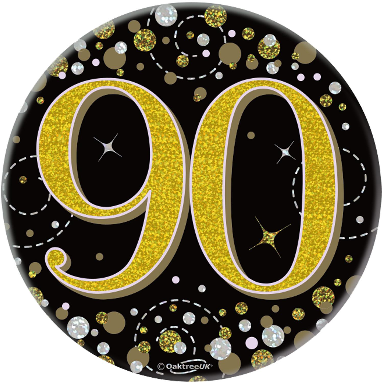 Oaktree 3inch Badge 90th Birthday Sparkling Fizz Black Gold