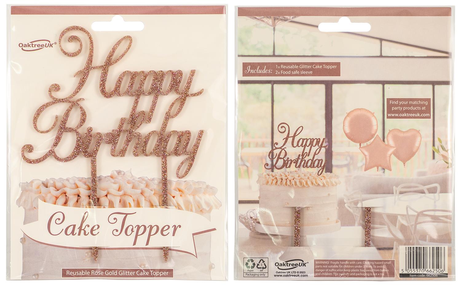 Acrylic Sparkling Fizz Rose Gold Cake Topper Happy Birthday H161mm