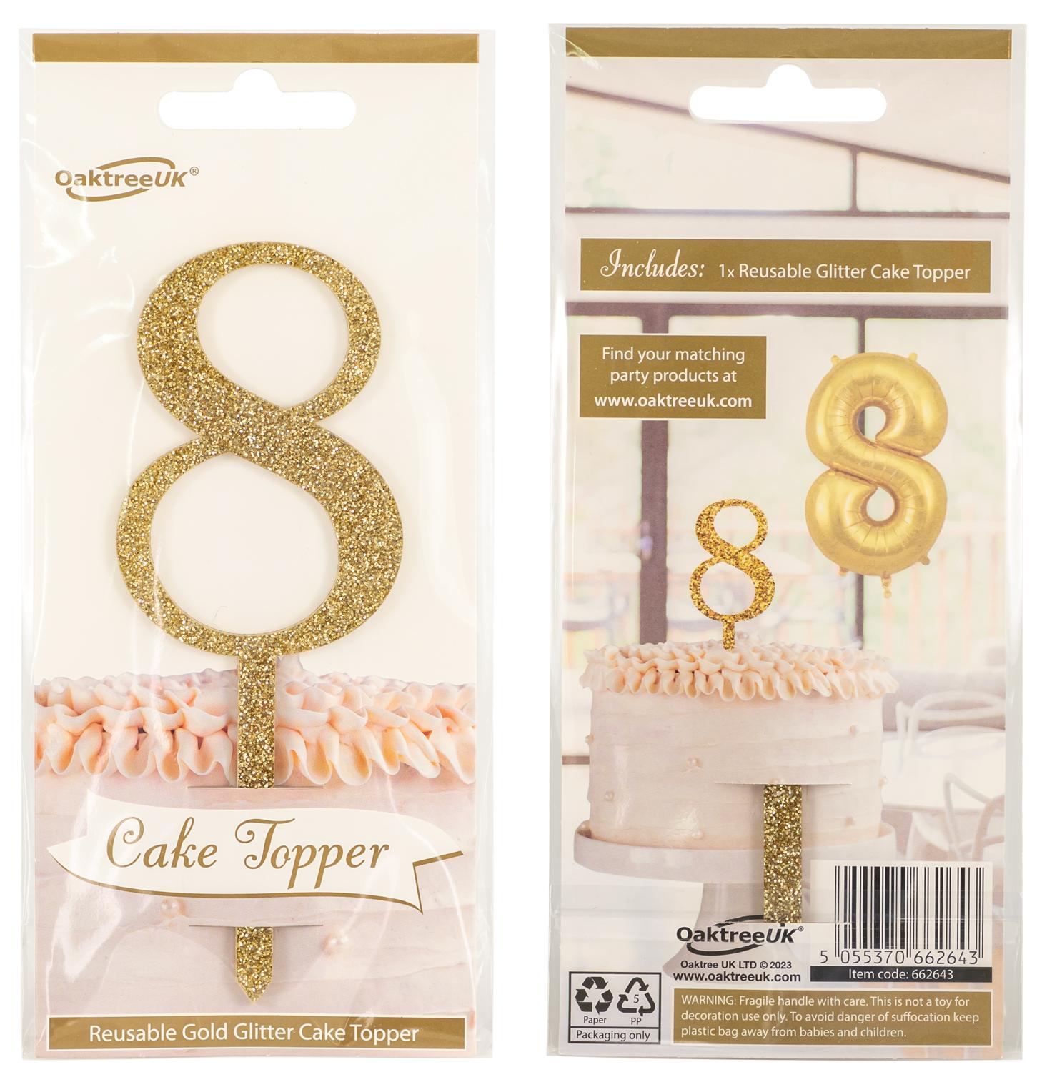 Acrylic Sparkling Fizz Gold Cake Topper No.8 H150mm x W52mm - Cake