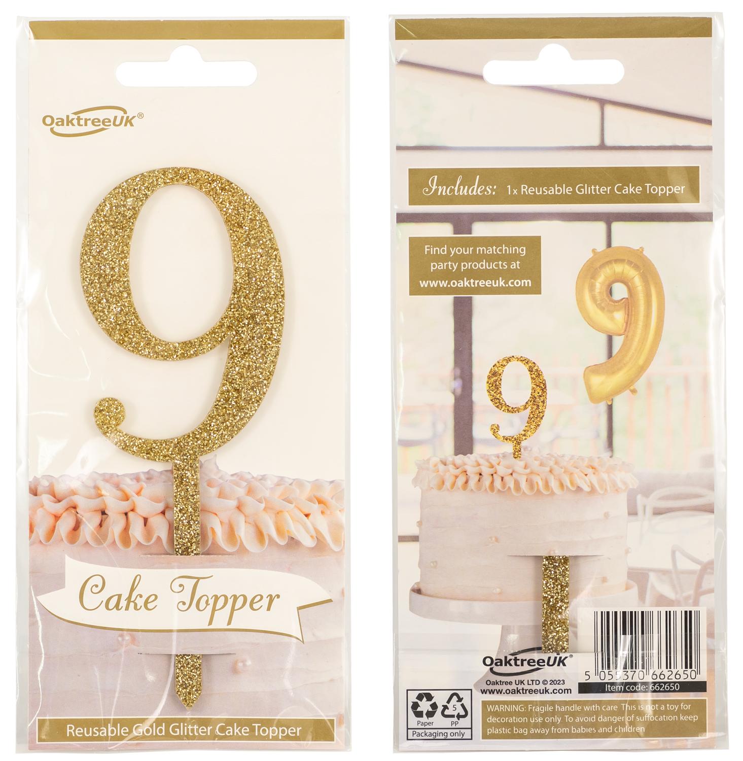 Acrylic Sparkling Fizz Gold Cake Topper No.9 H150mm x W52mm - Cake