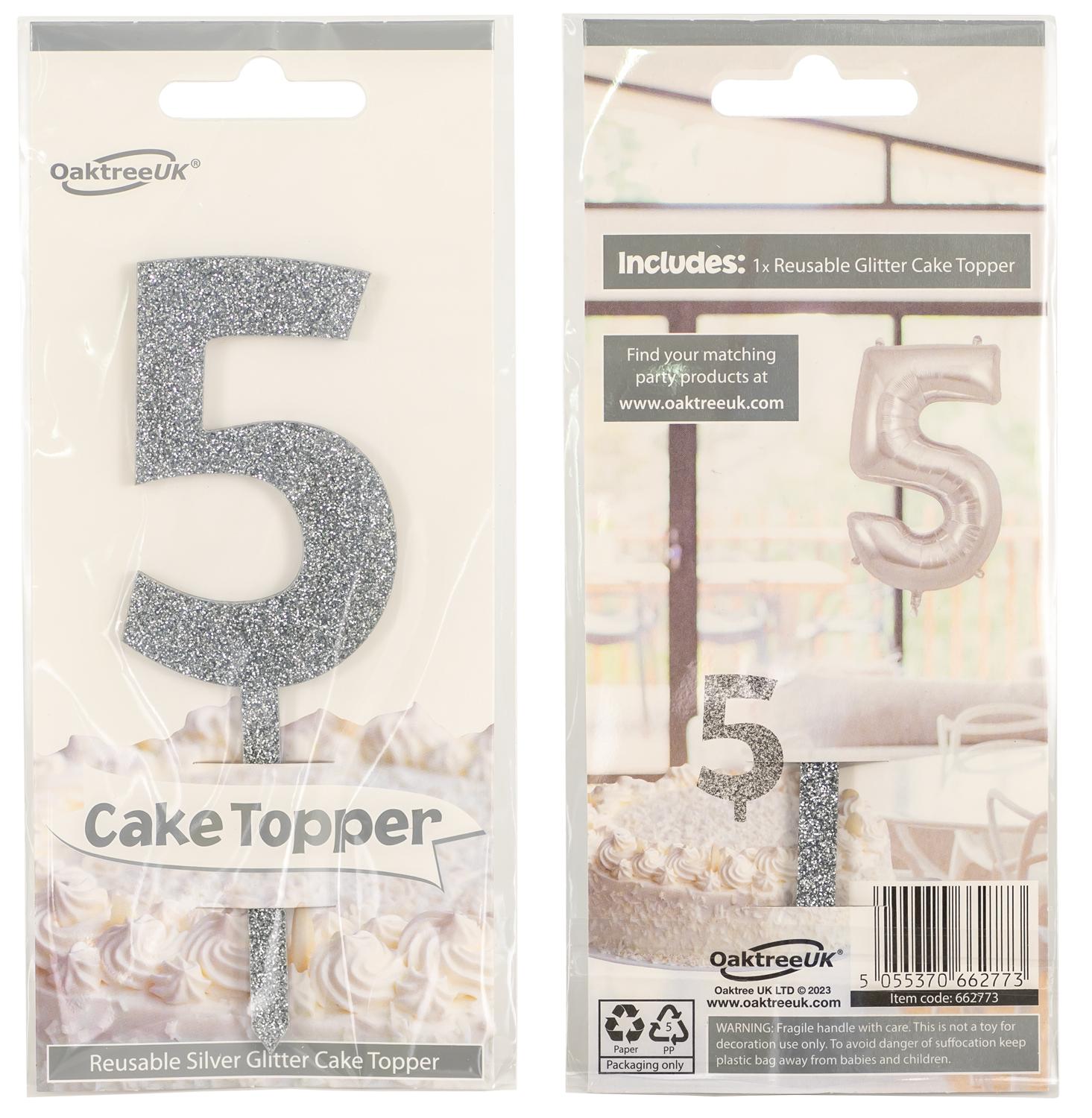 Acrylic Silver Glitter Cake Topper No.5 H150mm x W50mm - Cake