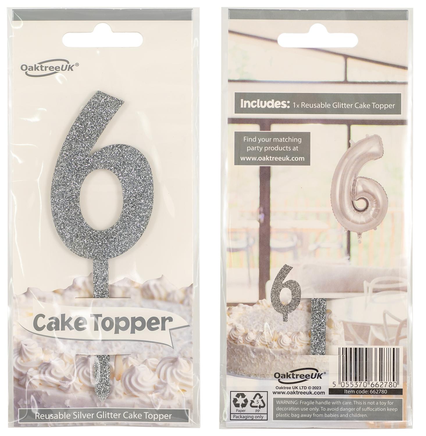 Acrylic Silver Glitter Cake Topper No.6 H150mm x W47mm - Cake