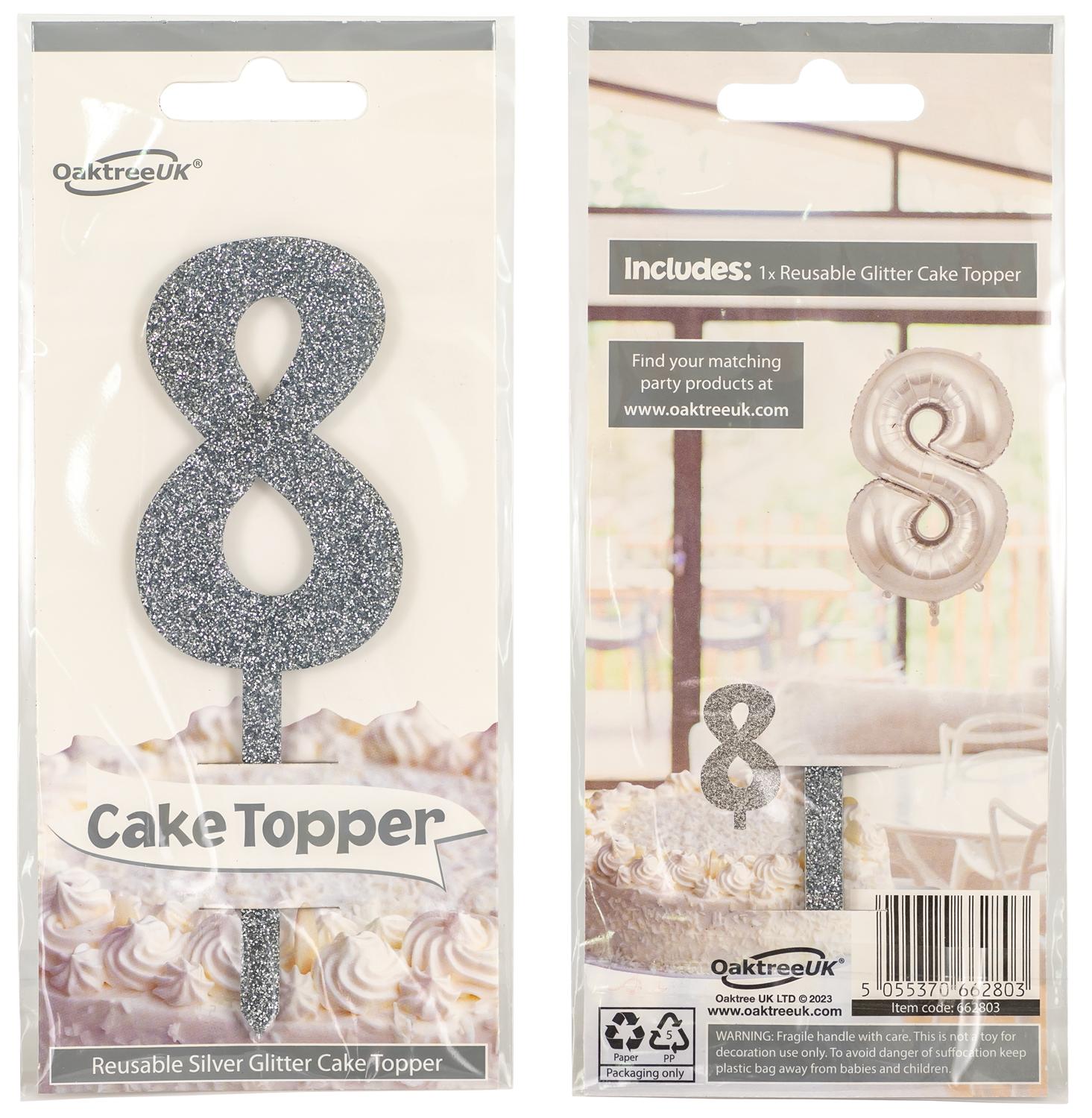 Acrylic Silver Glitter Cake Topper No.8 H150mm x W48mm - Cake