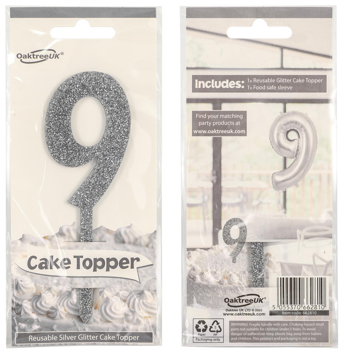 Acrylic Silver Glitter Cake Topper No.9 H150mm x W47mm - Cake