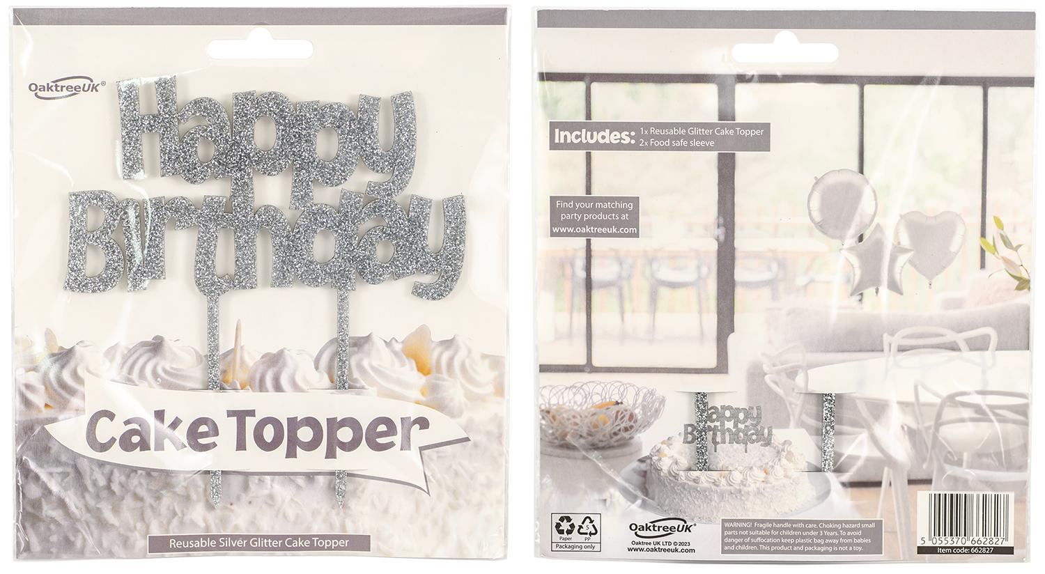 Acrylic Silver Glitter Cake Topper Happy Birthday H147mm x W160mm