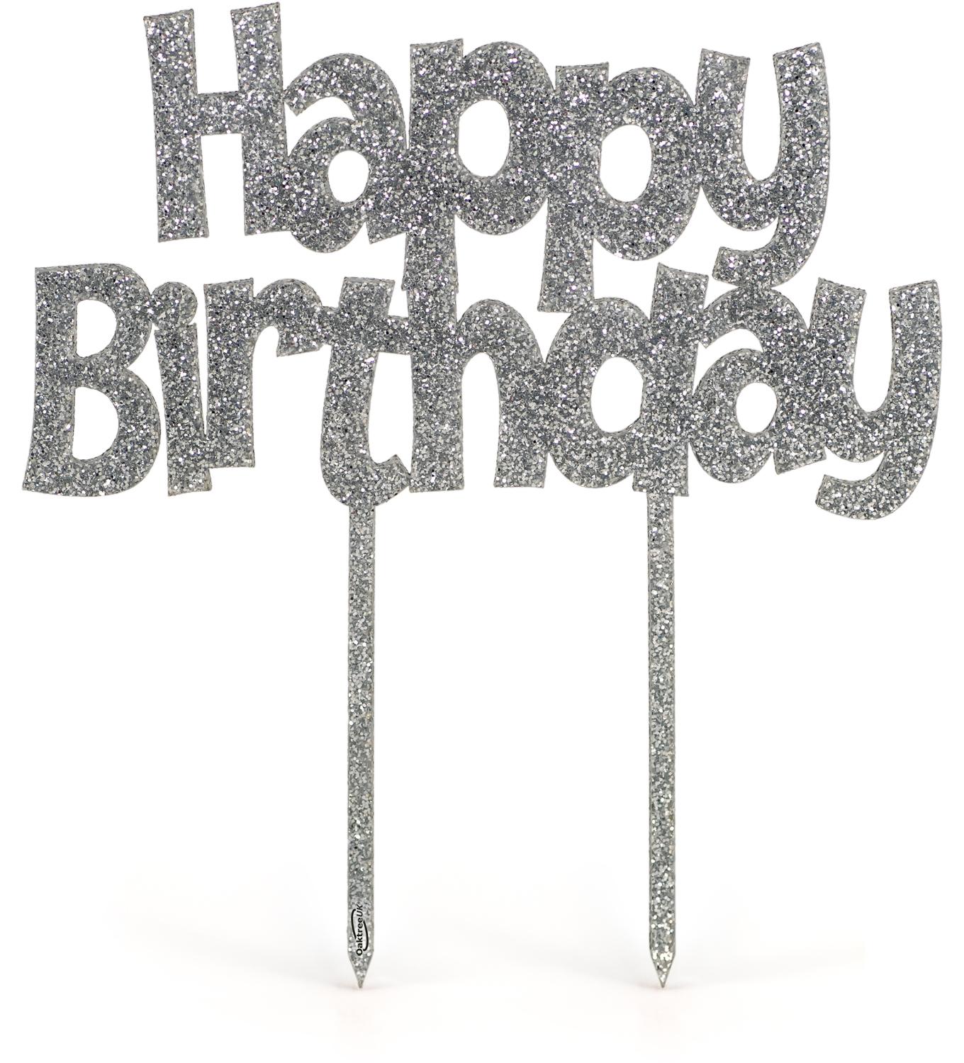 Acrylic Silver Glitter Cake Topper Happy Birthday H147mm x W160mm